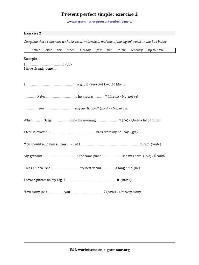 Present Perfect Simple Exercise 2 | PDF