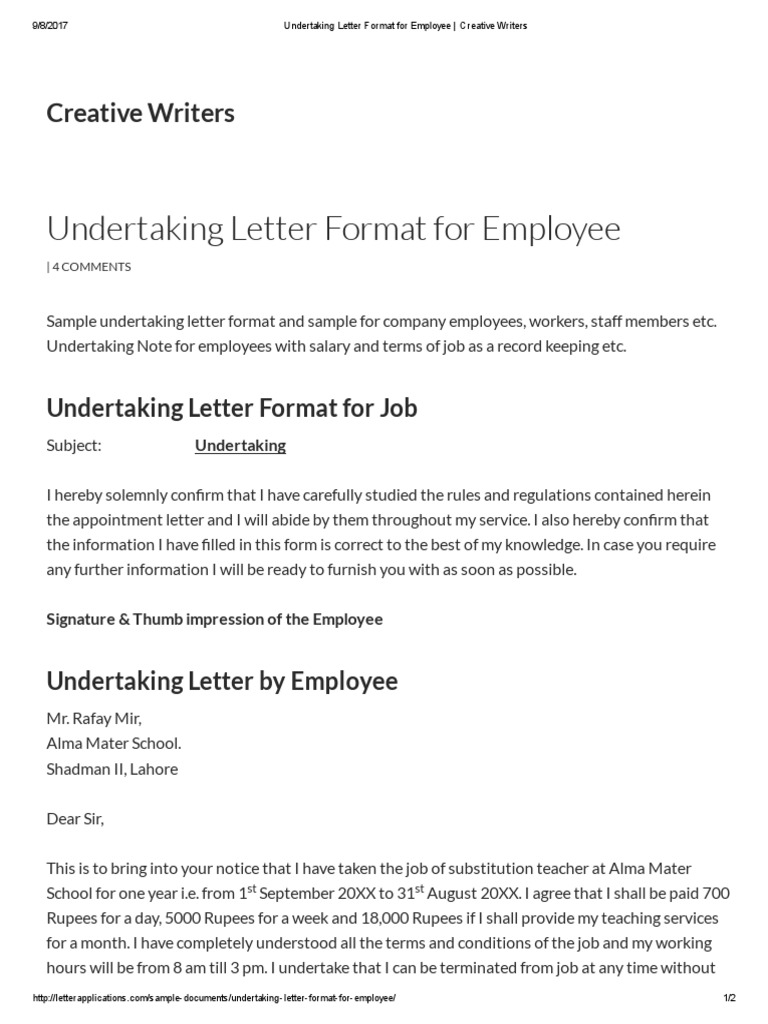 Undertaking Letter Format For Employee - Creative Writers | PDF | Labor ...