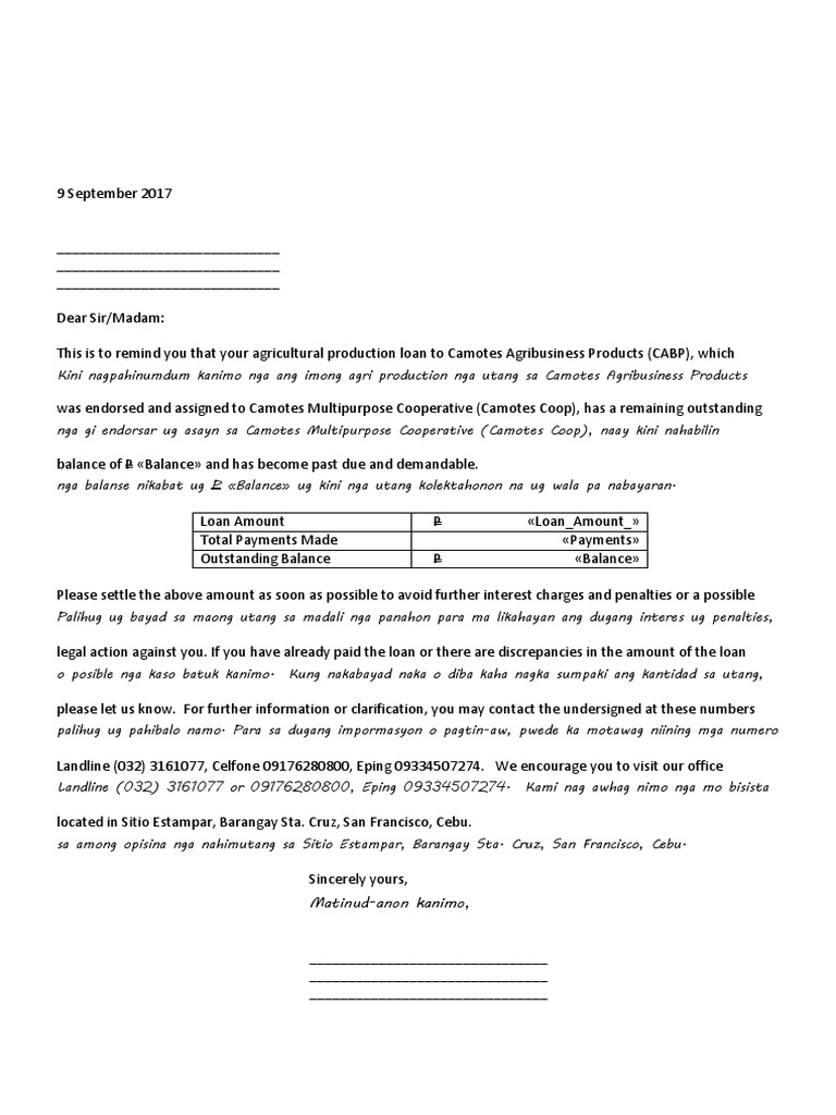Sample Collection Letter With Cebuano Translation