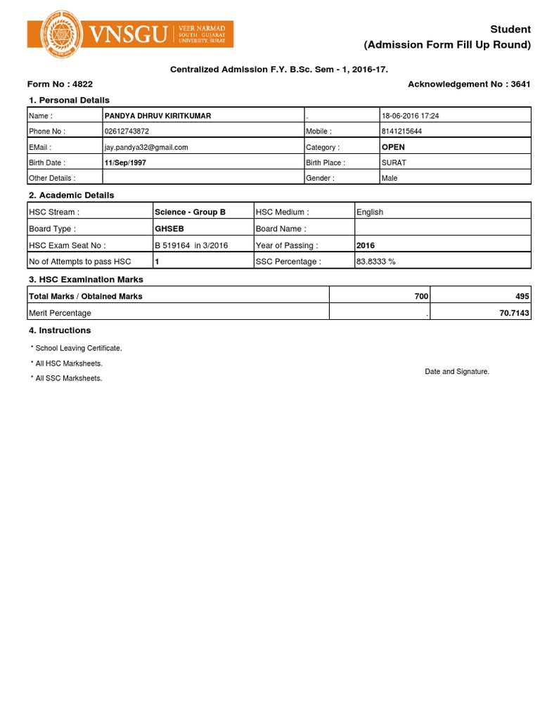 Centralized Admission F.Y. B.Sc. Sem - 1, 2016-17. Form No: 4822 ...