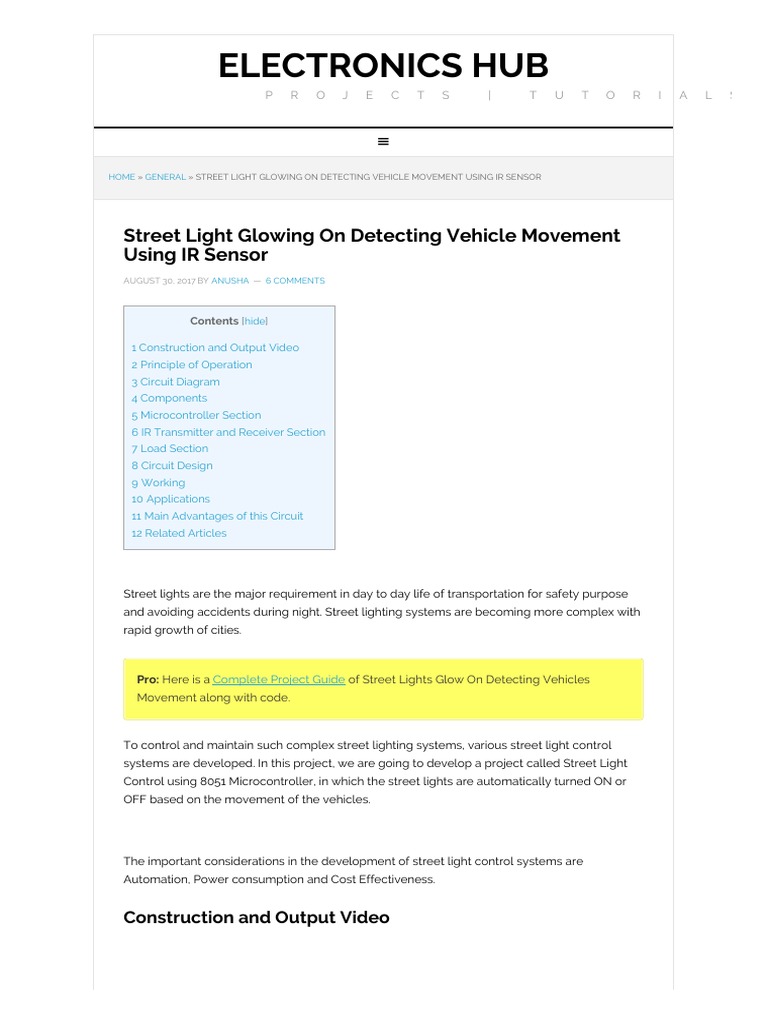 Street Light That Glows On Detecting Vehicle Movement Using Ir Sensor ...