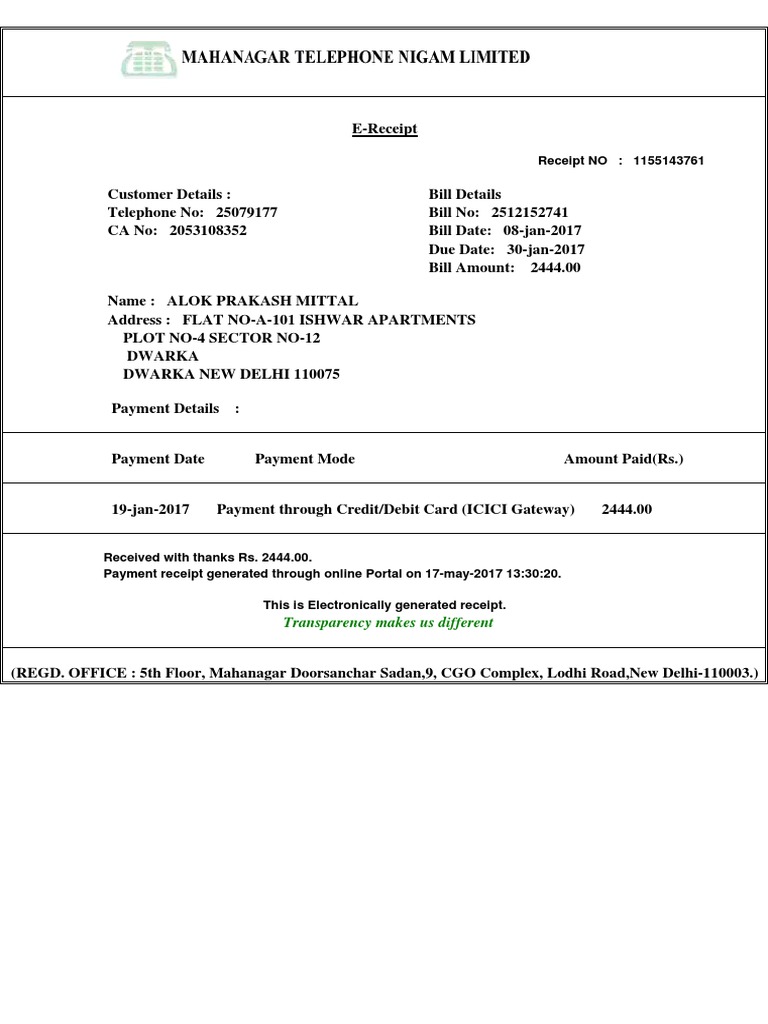 January 2017 MT NL Receipt | PDF