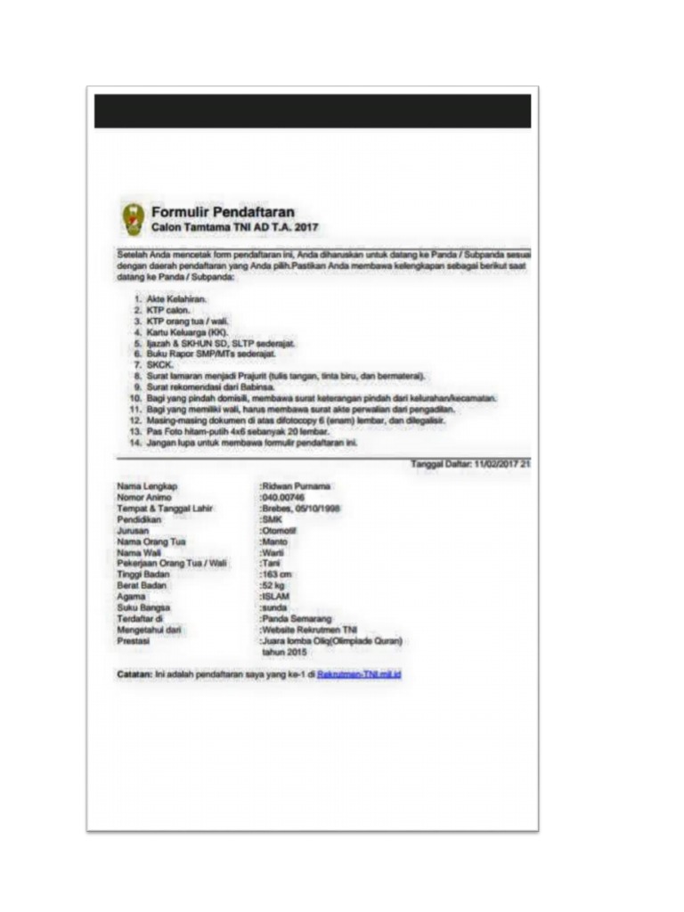 Formulir Pdaftaran Tni Ad | PDF