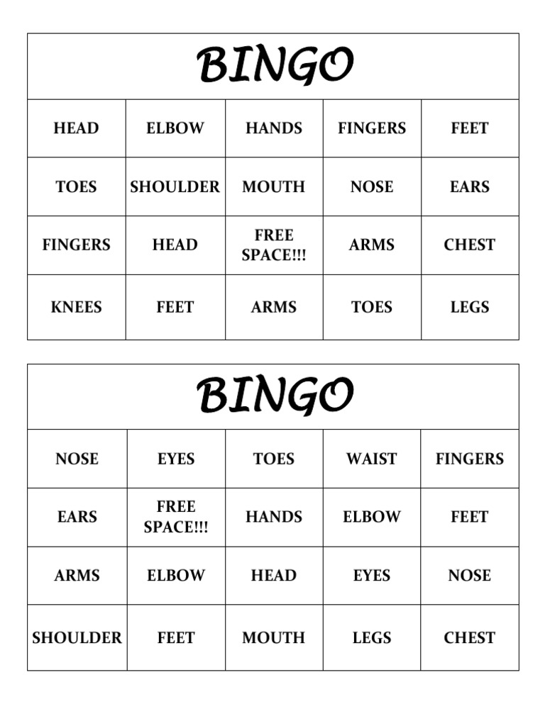Bingo: Head Elbow Hands Fingers Feet | PDF