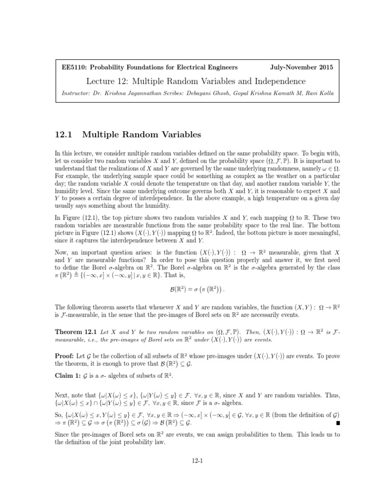 Lecture12 Multiple Random Variables And Independence Pdf Random Variable Measure Theory 6044