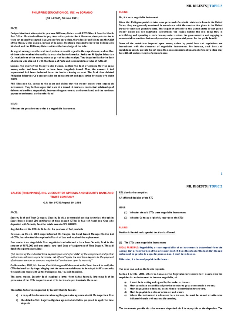 NIL (Midterms) Case Digest Compilation | PDF | Negotiable Instrument ...