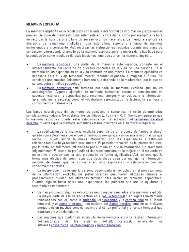 Memoria Explicita | PDF | Neurociencia Cognitiva | Memoria