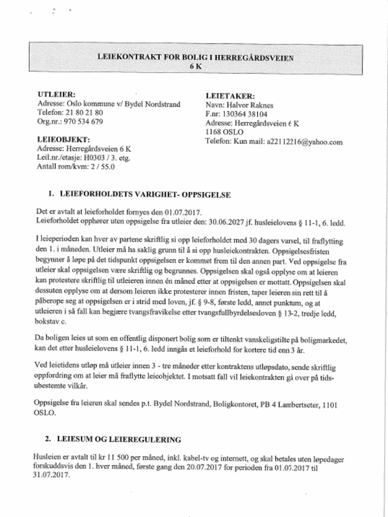 Leiekontrakt - Leilighet I Herregårdsveien 6K (2017) | PDF