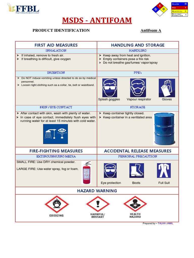 Msds - Antifoam: Product Identification Antifoam A | PDF