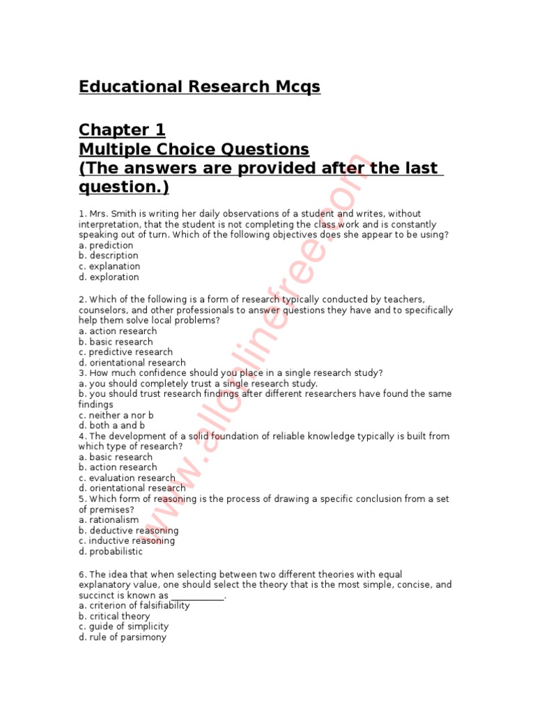 Educational Research MCQs and Answers | PDF | Sampling (Statistics ...