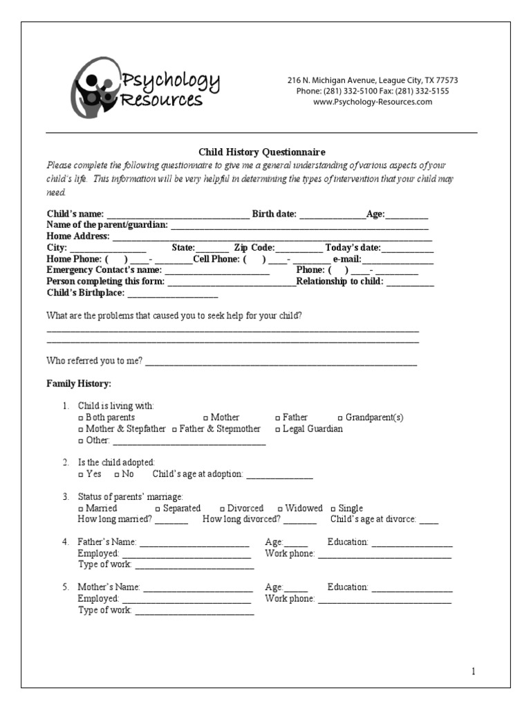 Child Background Information Form | PDF | Parent | Relationships