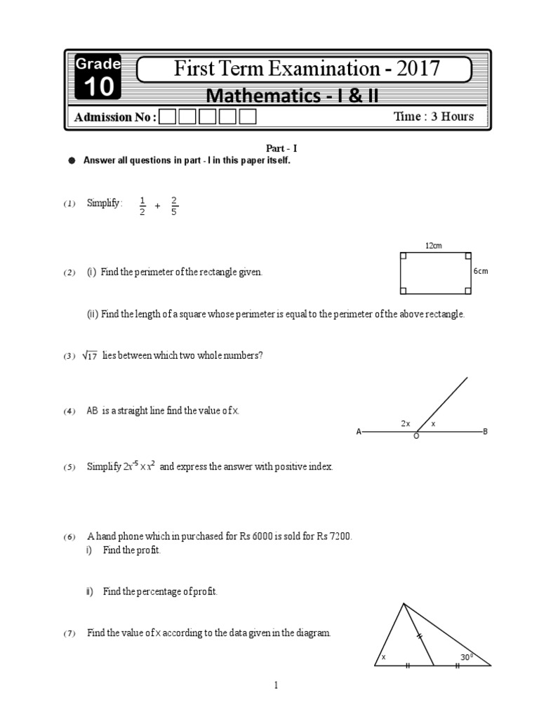 First Term Examination - 2017: Mathematics - I & II | PDF | Triangle ...
