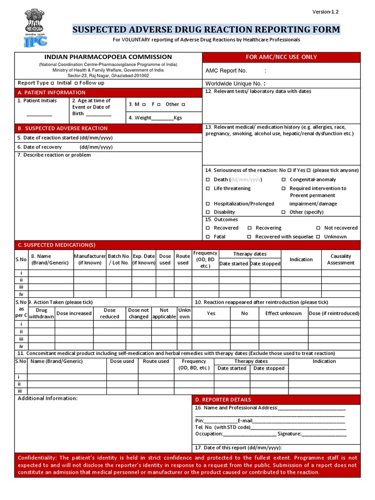 ADR Reporting Form | PDF | Pharmacovigilance | Pharmaceutical Sciences