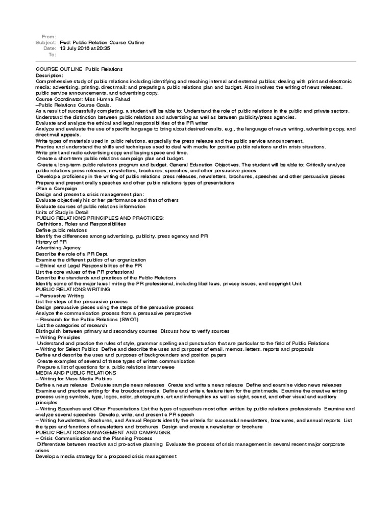 Public Relation Course Outline | PDF | Public Relations | Press Release