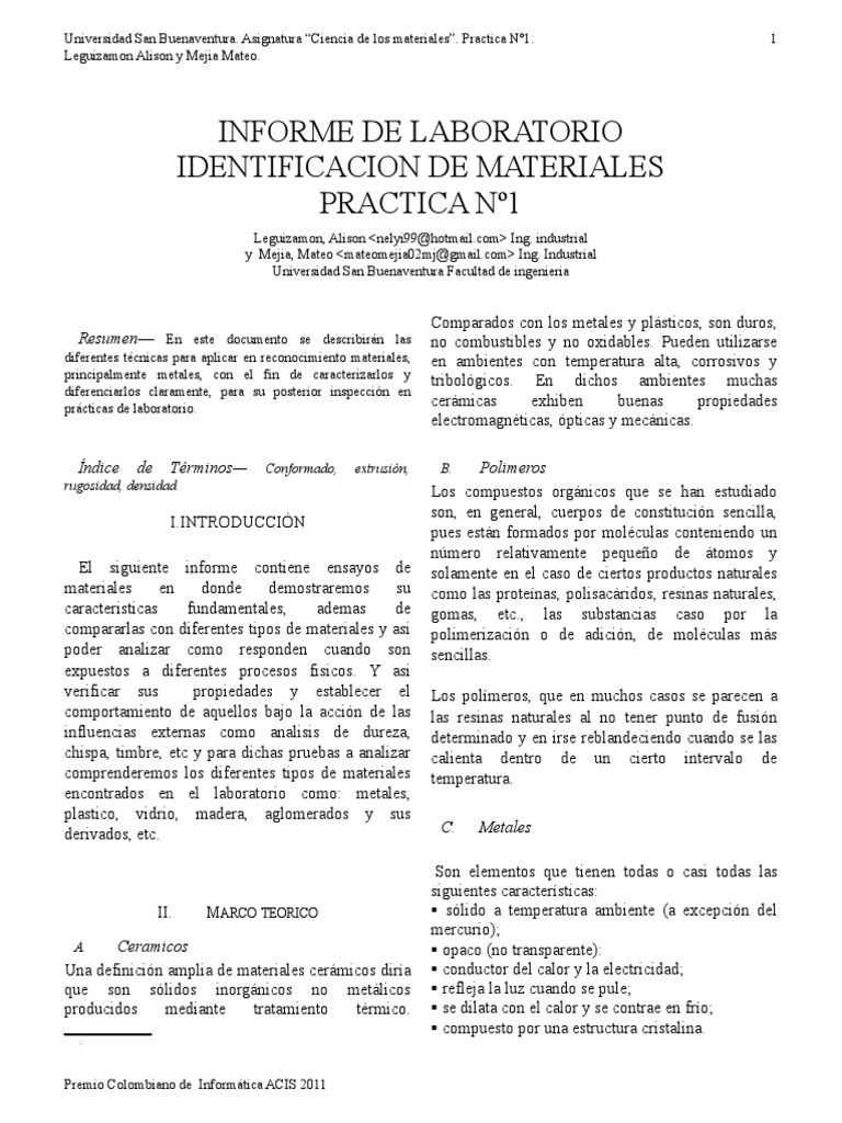 Informe de Identificacion de Materiales Practica 1 | PDF | Rieles | Hierro Informe de Identificacion de Materiales Practica 1 | PDF | Rieles | Hierro