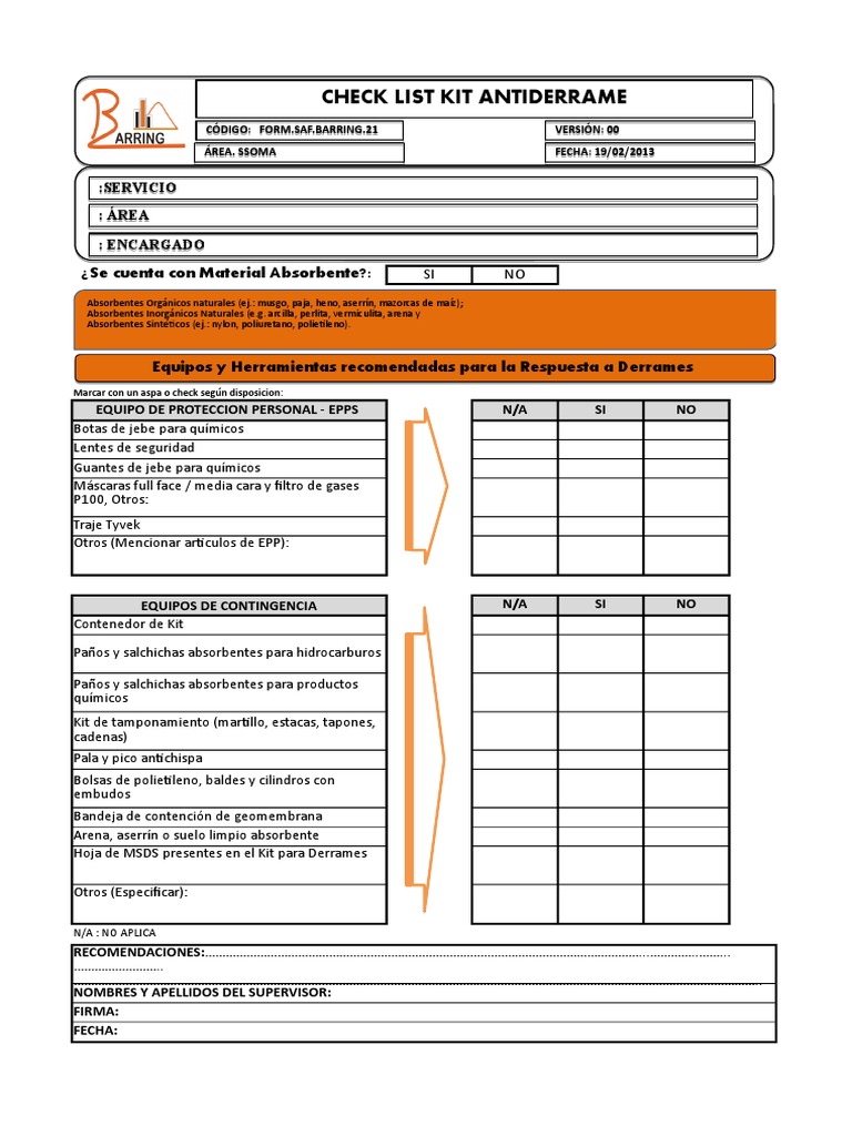 FORM - saf.BARRING.21.00 Check List Kit Antiderrame | PDF