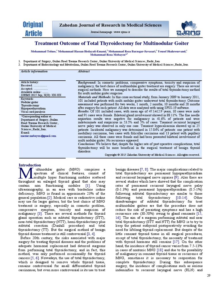 Treatment Outcome of Total Thyroidectomy For Multinodular Goiter | PDF ...