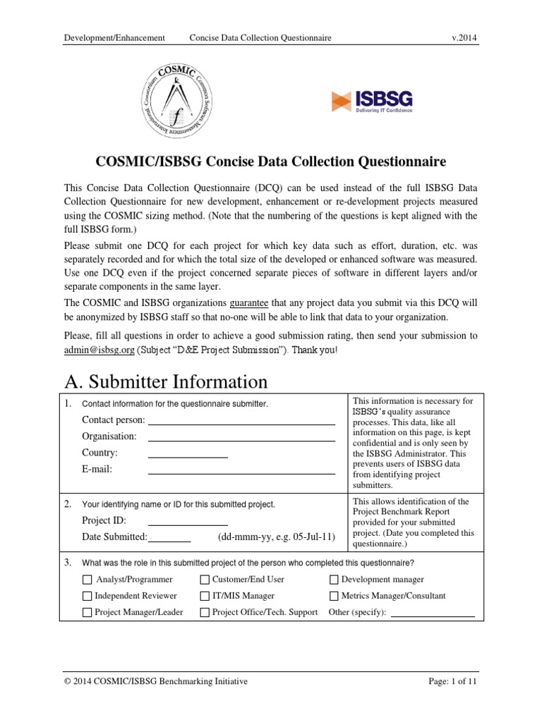 COSMIC-IsBSG Benchmarking 2014 - Concise DCQuestionnaire | PDF | Specification (Technical ...