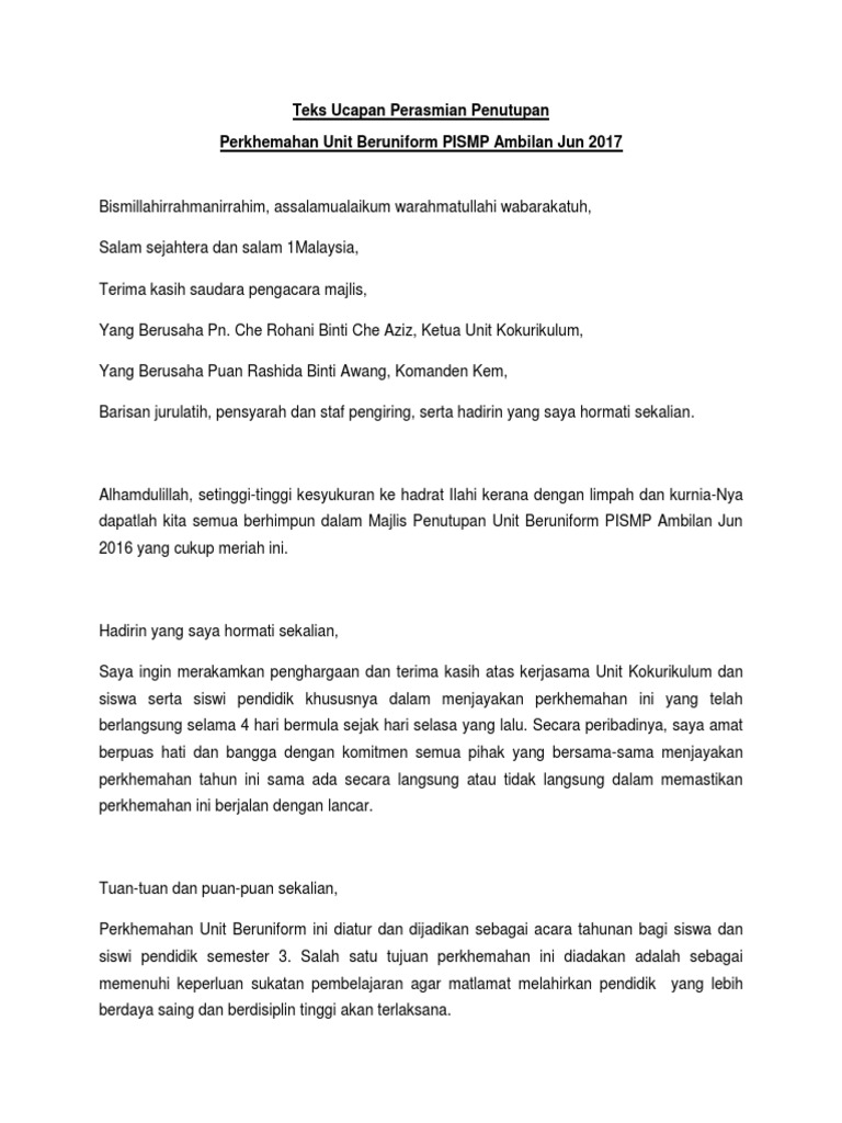 Contoh Teks Ucapan Perasmian Penutup | PDF