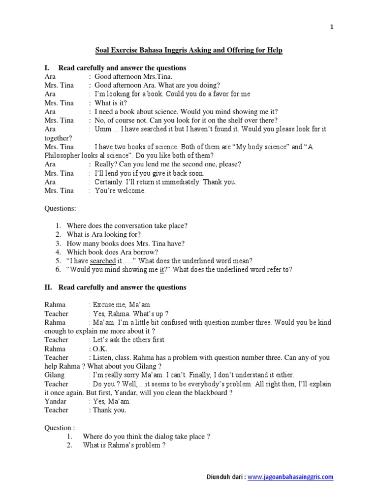Soal Exercise Bahasa Inggris Asking and Offering For Help | PDF