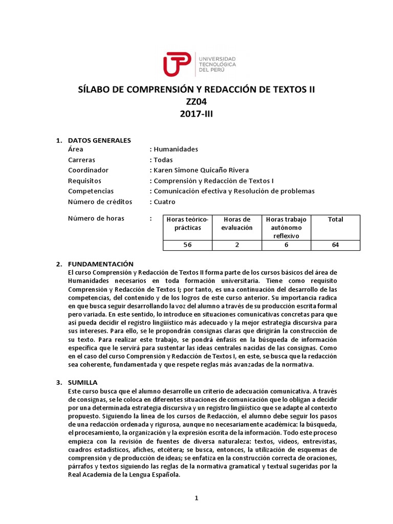 ZZ04 - Silabo de Comprensi N y Redacci N de Textos II 2017 - III | PDF | Comunicación | Información