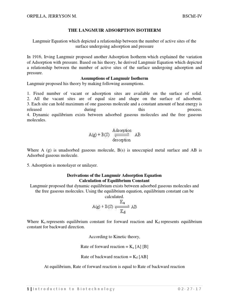 The Langmuir Adsorption Isotherm | PDF | Adsorption | Chemical Engineering