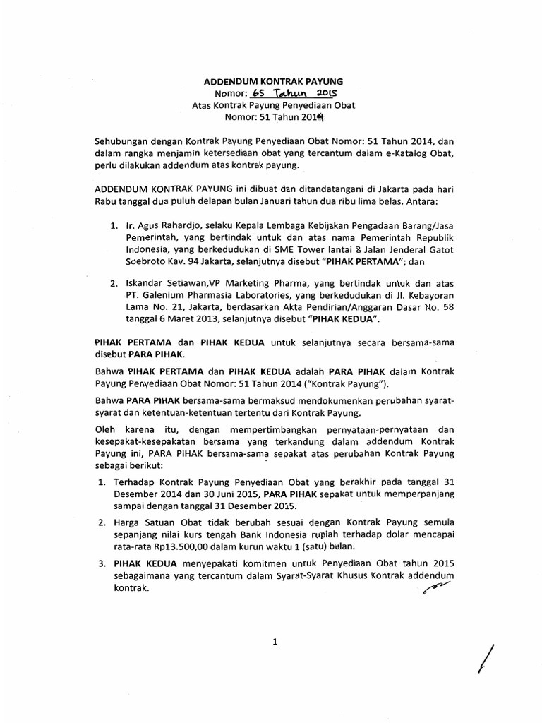 (Contoh-Scabimite) Addendum Kontrak Payung Obat No.65 Tahun 2015 - PT ...