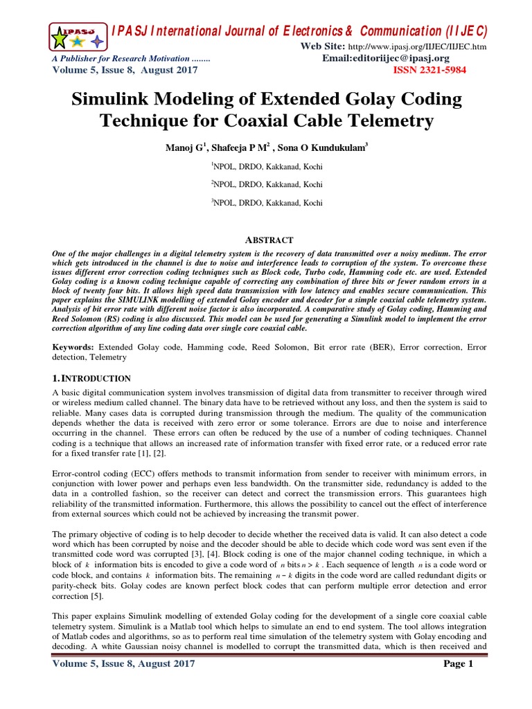 Simulink Modeling Of Extended Golay Coding Technique For Coaxial Cable Telemetry Pdf Forward