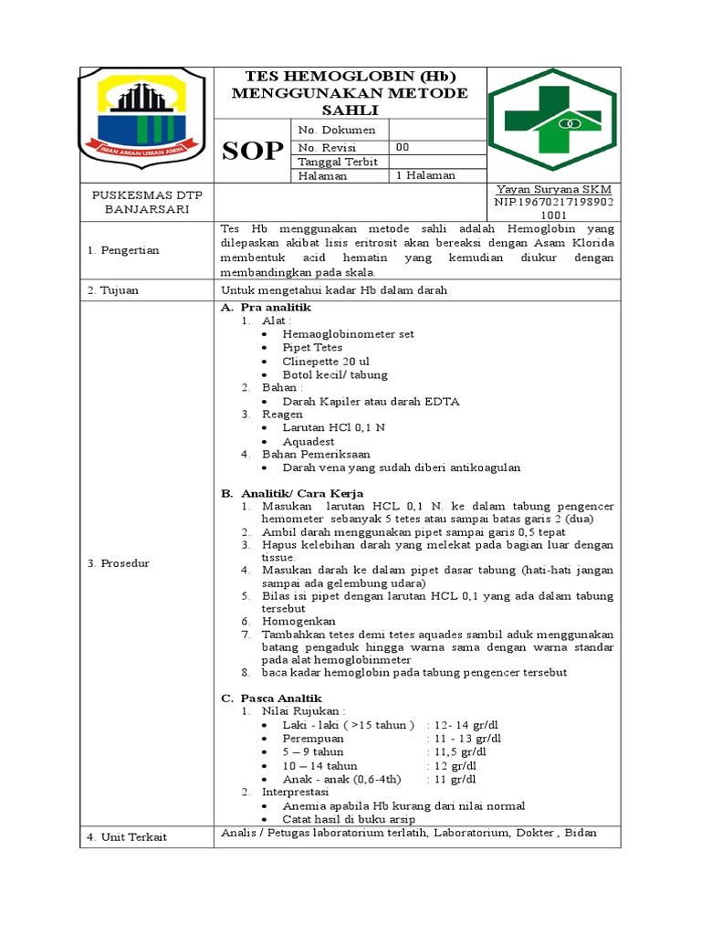SOP Tes Hemoglobin Metode Sahli | PDF