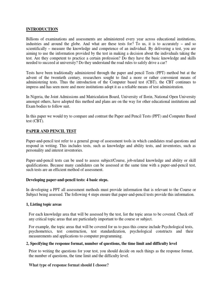 Paper and Pencil Test PDF Test Assessment Multiple Choice