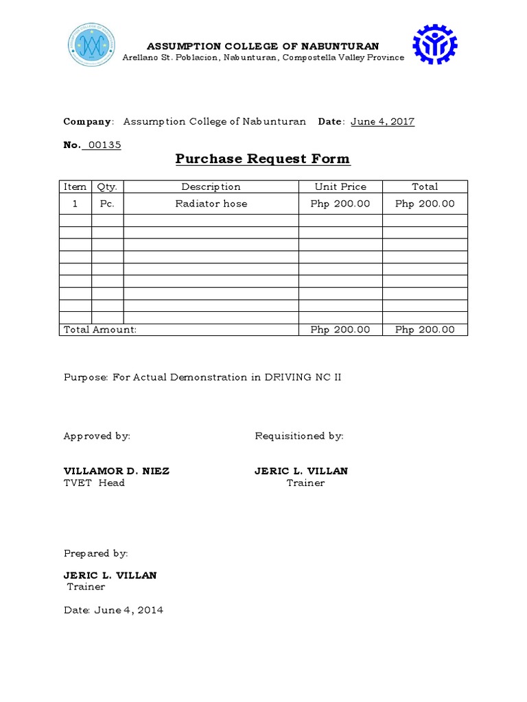 Purchase Request Form Example | PDF | Home & Garden