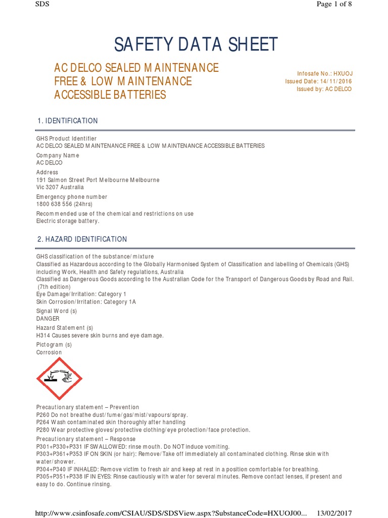 Acdelco Msds SMF Lma Batteries | PDF | Dangerous Goods | Sulfuric Acid
