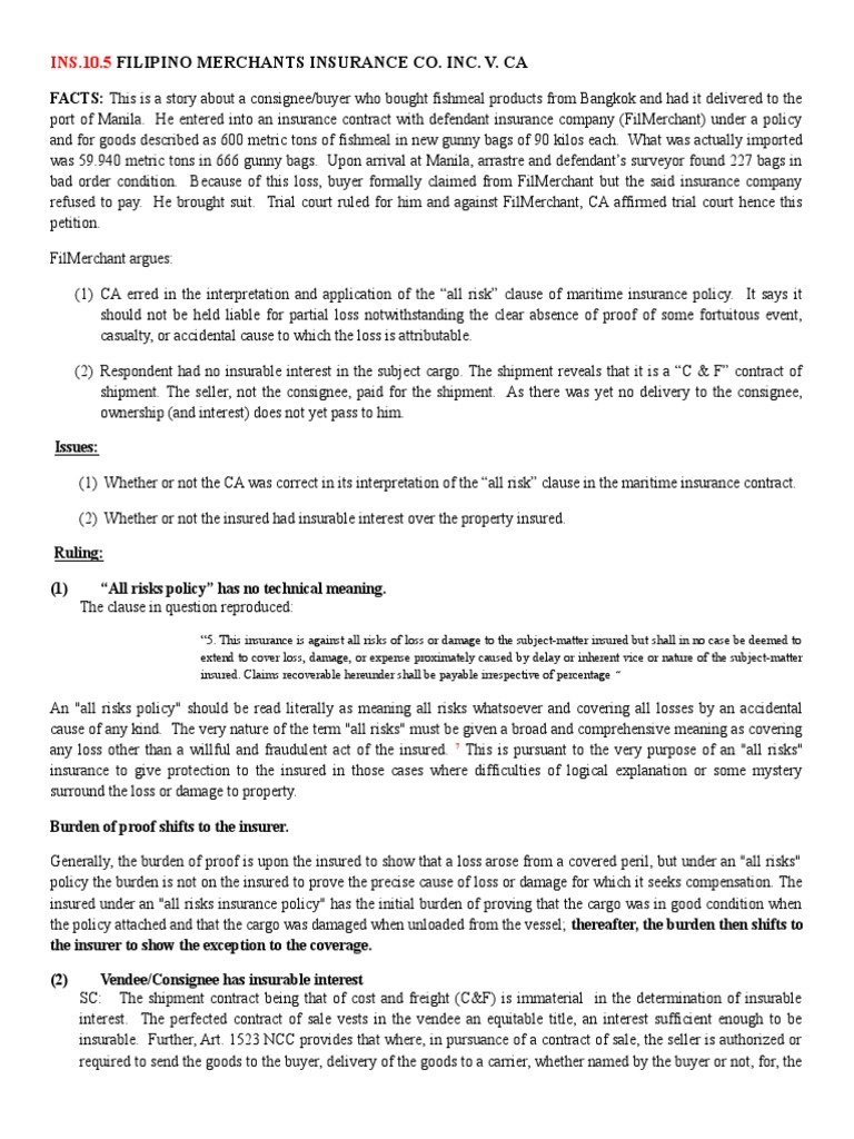 Filipino Merchants Insurance Co. Inc. V. Ca | PDF | Insurance ...