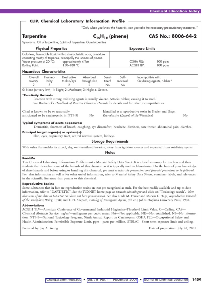 Turpentine C H (Pinene) CAS No.: 8006-64-2: CLIP, Chemical Laboratory ...