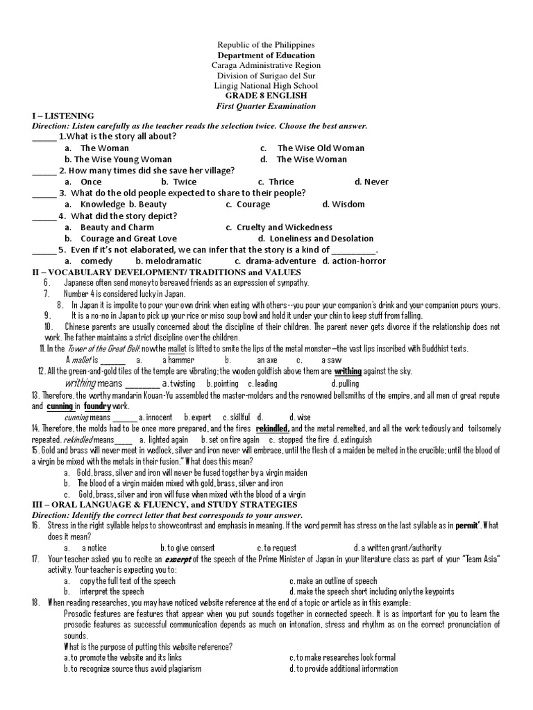 1st Quarter Exam - Grade 8 English Modified-PDF Final | Sita | Rama
