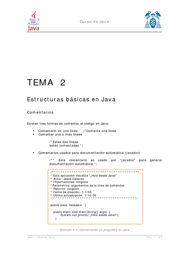Tema 2 - Estructuras Básicas en Java | PDF | Java (lenguaje de programación) | Estructura de ...