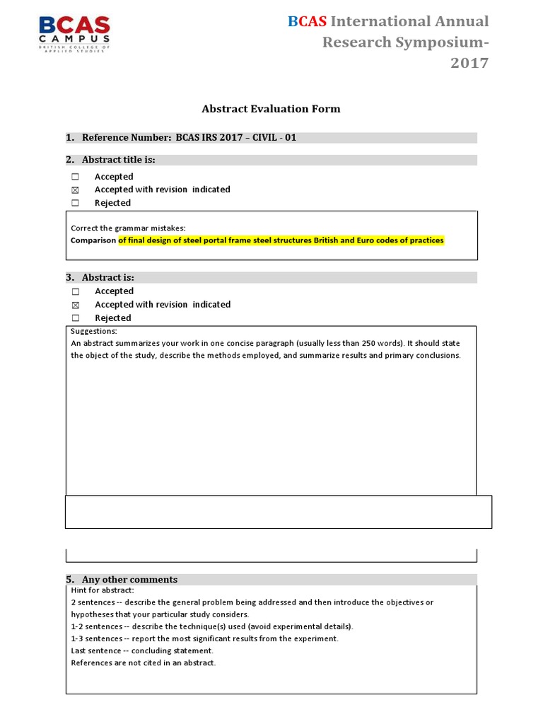 Abstract Evaluation Form: 1. Reference Number: BCAS IRS 2017 - CIVIL ...