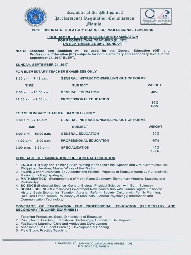 Program September 2017 LET Board Exam | PDF