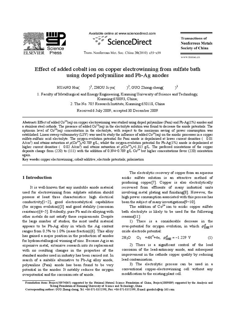Effect of Added Cobalt Ion On Copper Electrowinning From Sulfate Bath ...