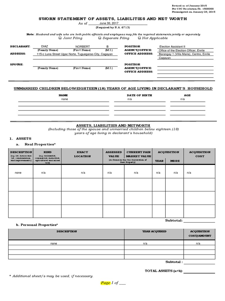 2015 SALN Form (PDF) 1 | Identity Document | Economies