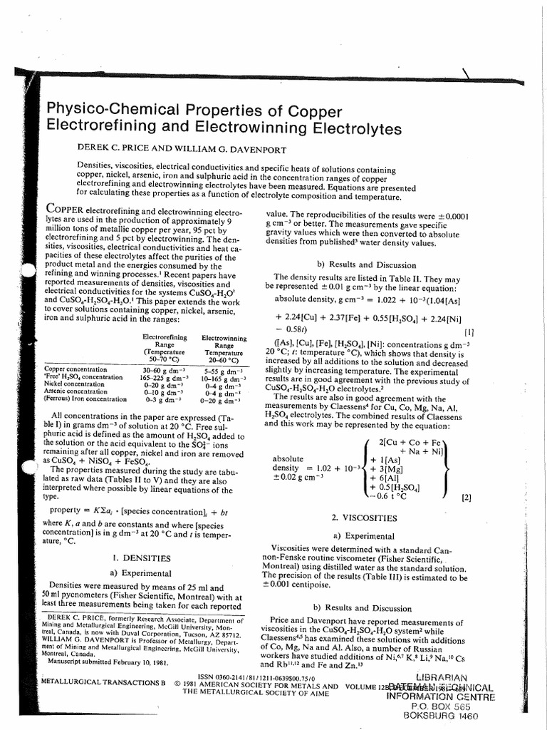 Physico-Chemical Properties of Copper Electrowinning Electrolyte | PDF