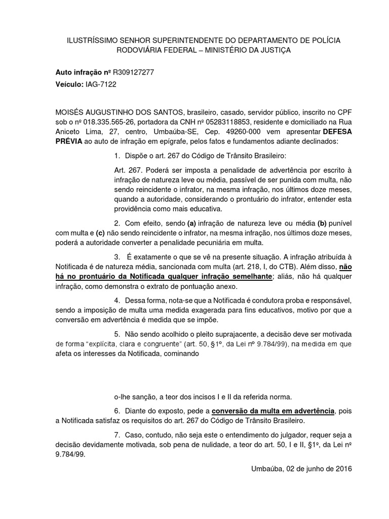Modelo de Recurso Conversão de Multa em Advertência | PDF | Multa (penalidade) | Direito Comum