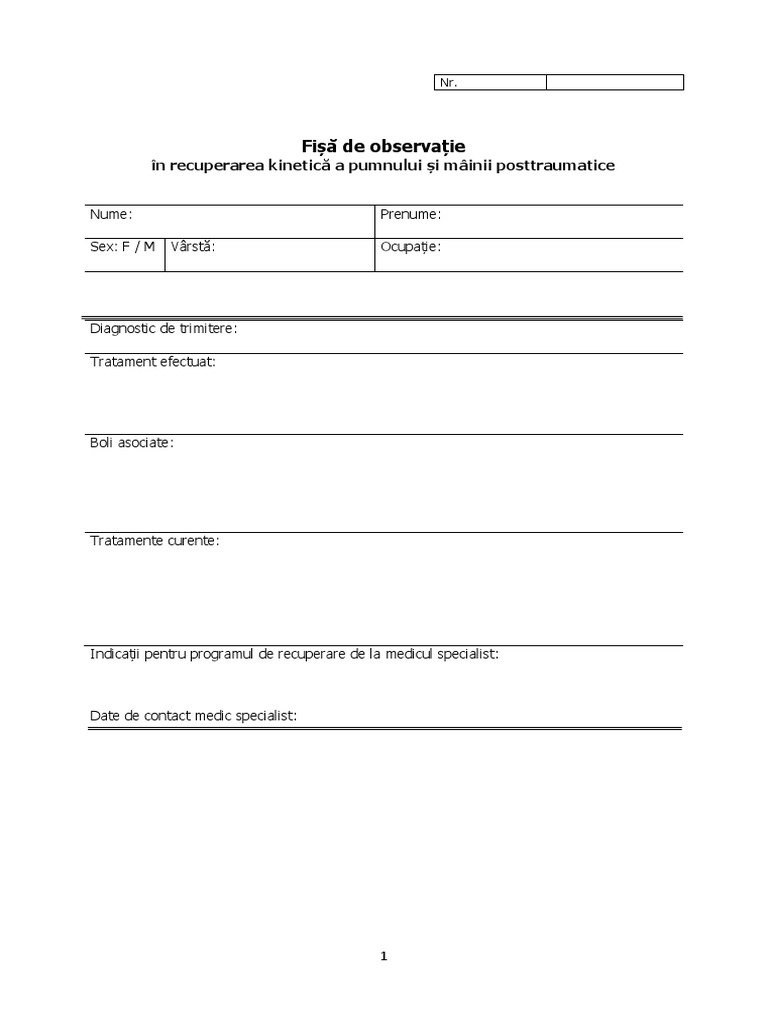 Model Fisa de Observatie Mana Kinetoterapie