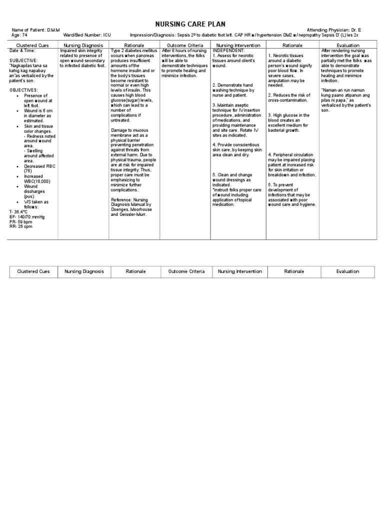 Nursing Care Plan: Clustered Cues Nursing Diagnosis Rationale Outcome ...