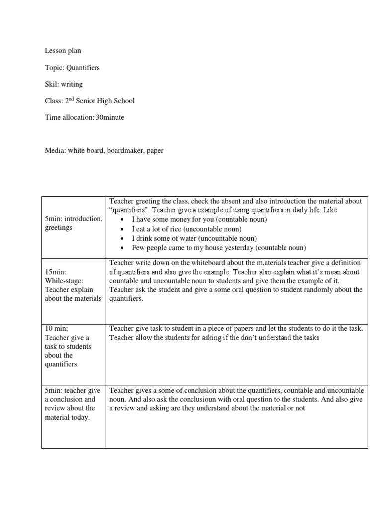 Quantifiers Writing Lesson Plan | PDF | Noun | Linguistics