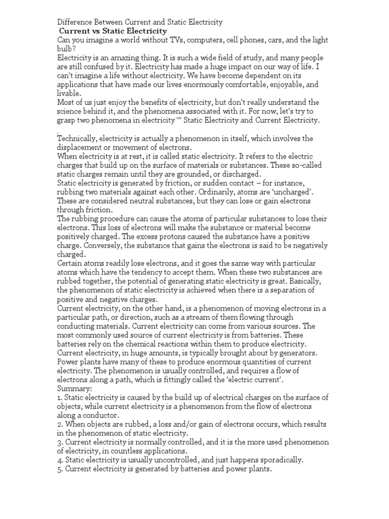 Current vs Static Electricity Explained | PDF | Electric Current ...