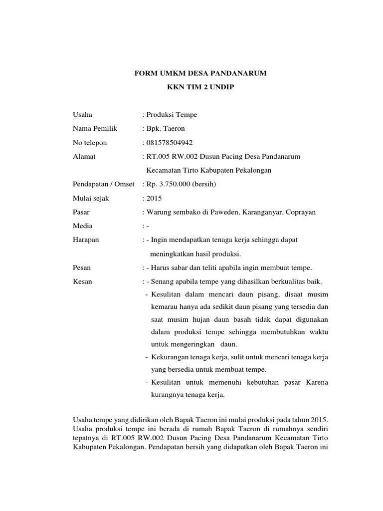 Form Umkm Desa Pandanarum | PDF