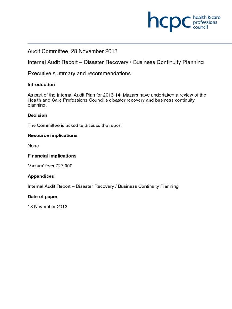 Audit Committee, 28 November 2013 Internal Audit Report - Disaster ...