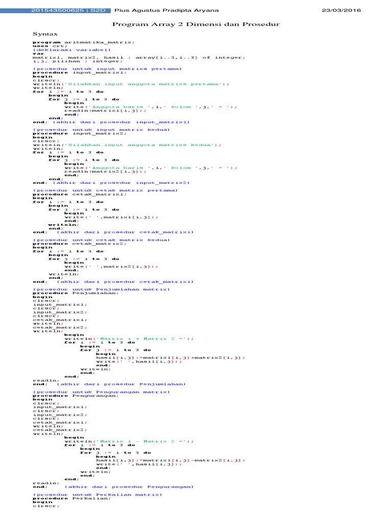 PASCAL Program Aritmatika Matriks Array NJNJNJ | PDF