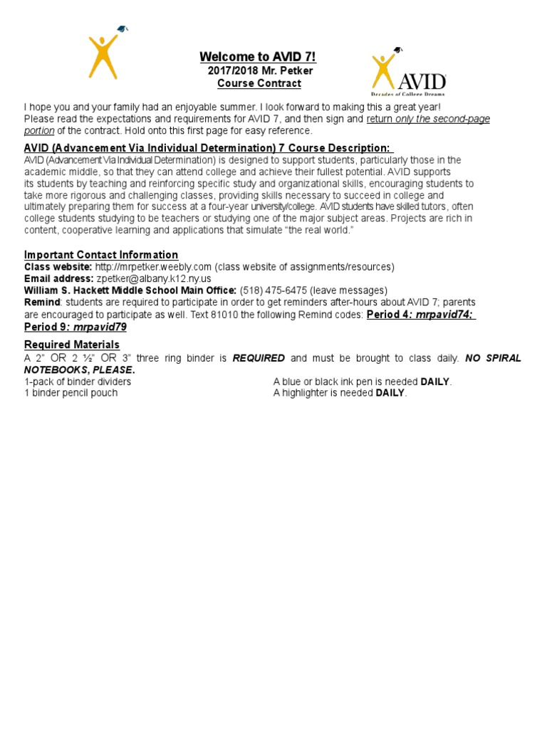 Avid 7 - Syllabus 2017-2018 | PDF | Homework | Pedagogy